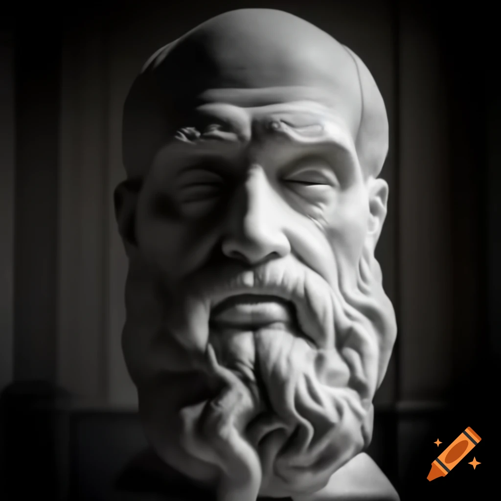 Monochrome sculpture of Epictetus exuding intensity and serenity on Craiyon