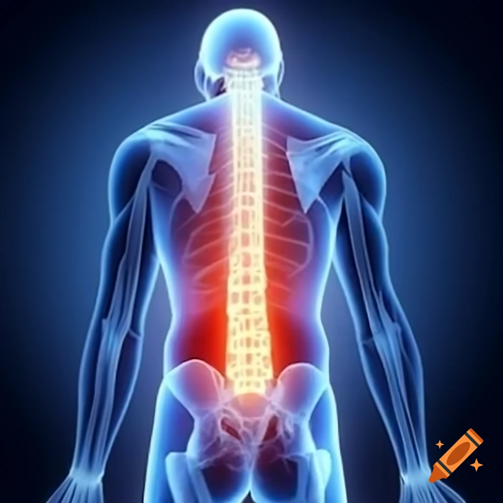 Anatomical line drawing of human spine with energy flow indicators on ...