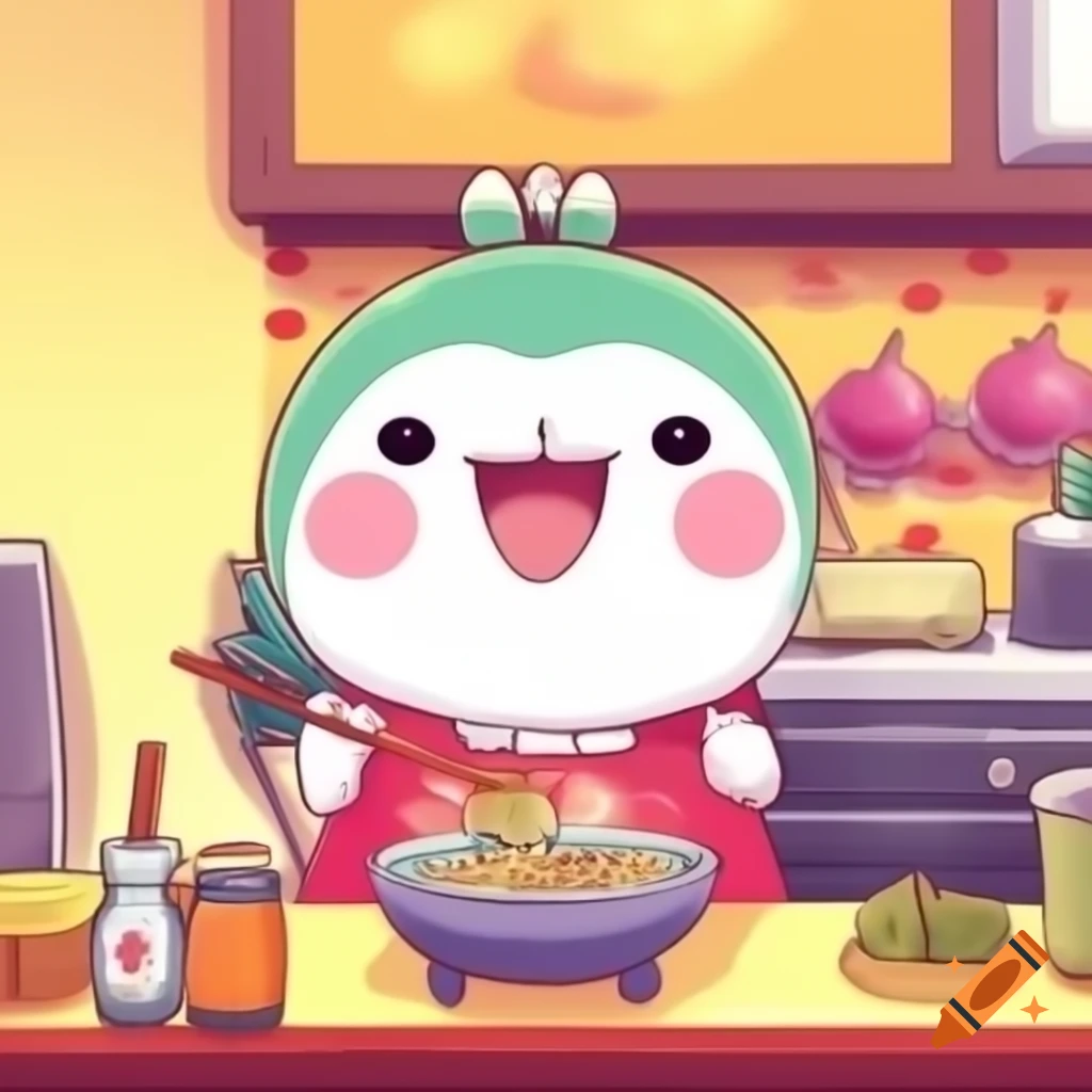 Cute cat cooking ramen in small anime-style kitchen on Craiyon