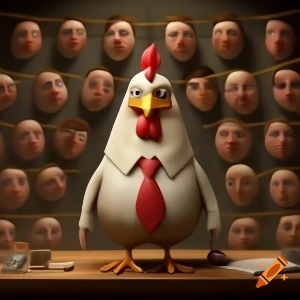 Cartoon chicken examining detective board with human faces and strings ...
