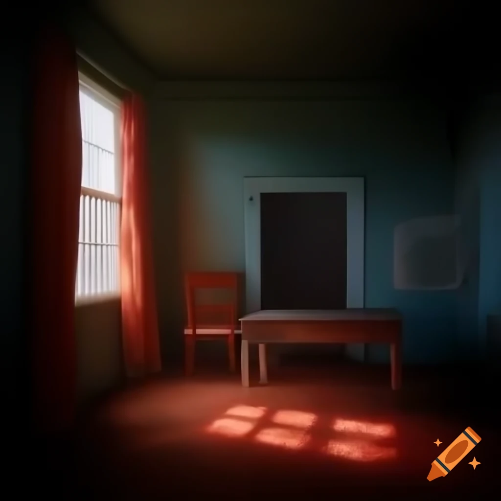 Dark reddish room with wooden table and dim lighting, large window with ...