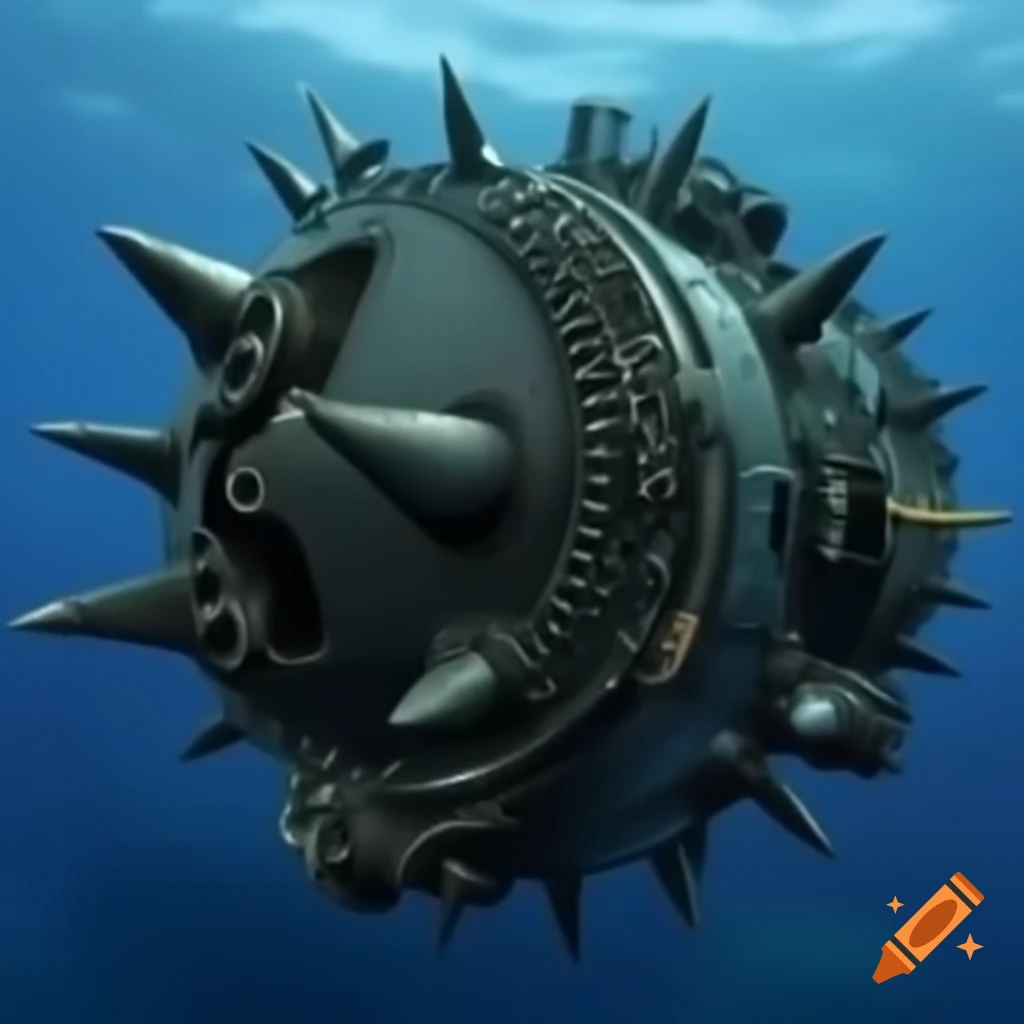 Post-apocalyptic underwater submarine ship with metal armor and spikes ...