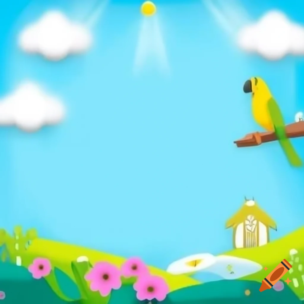 Bright sunny sky with large sun, flowers and birds in a children's ...