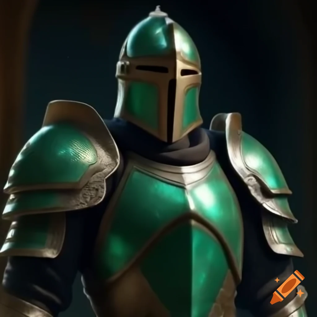Knight in emerald and silver armor standing ready for battle on Craiyon