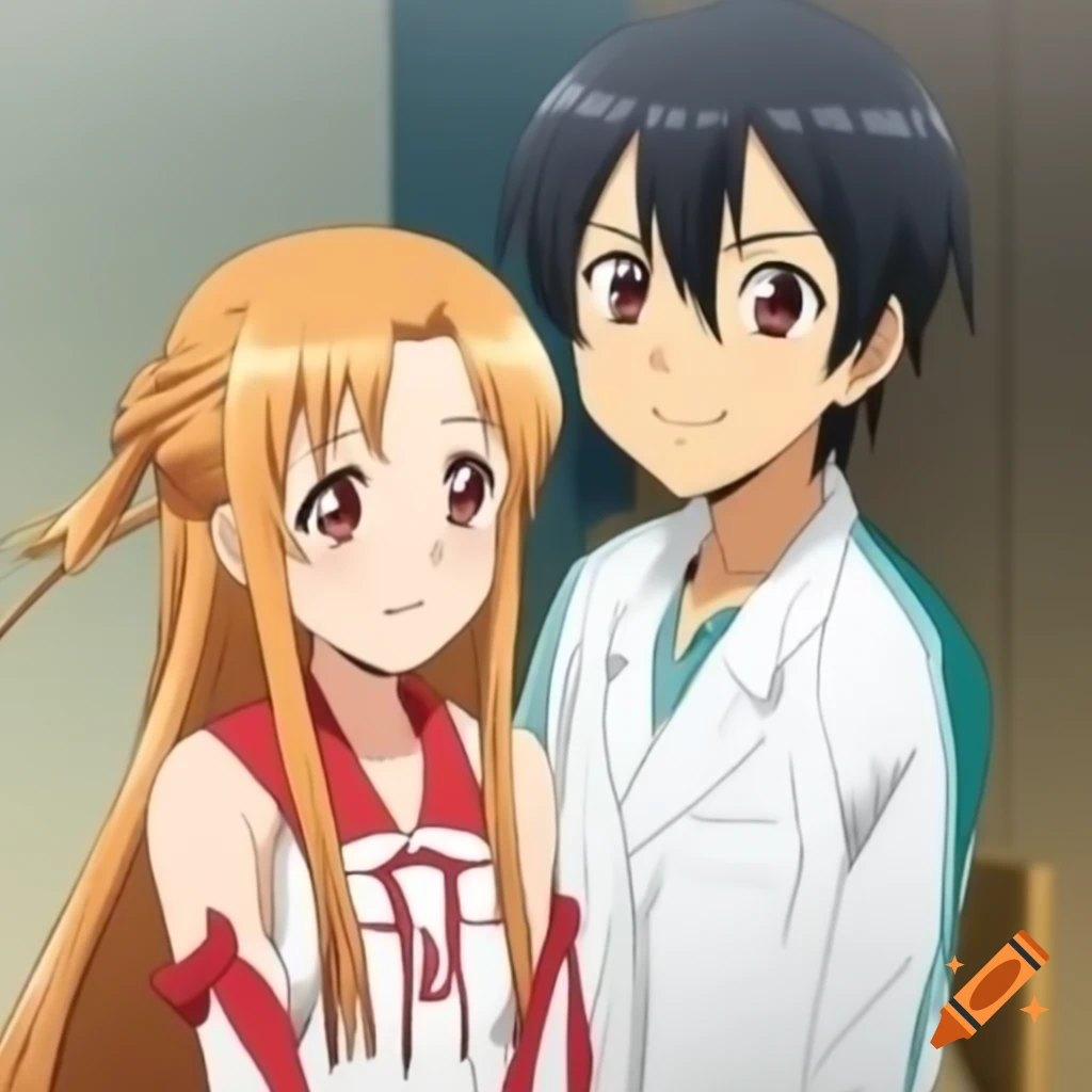 Kirito comforting Asuna in hospital after SAO, emotional reunion on Craiyon