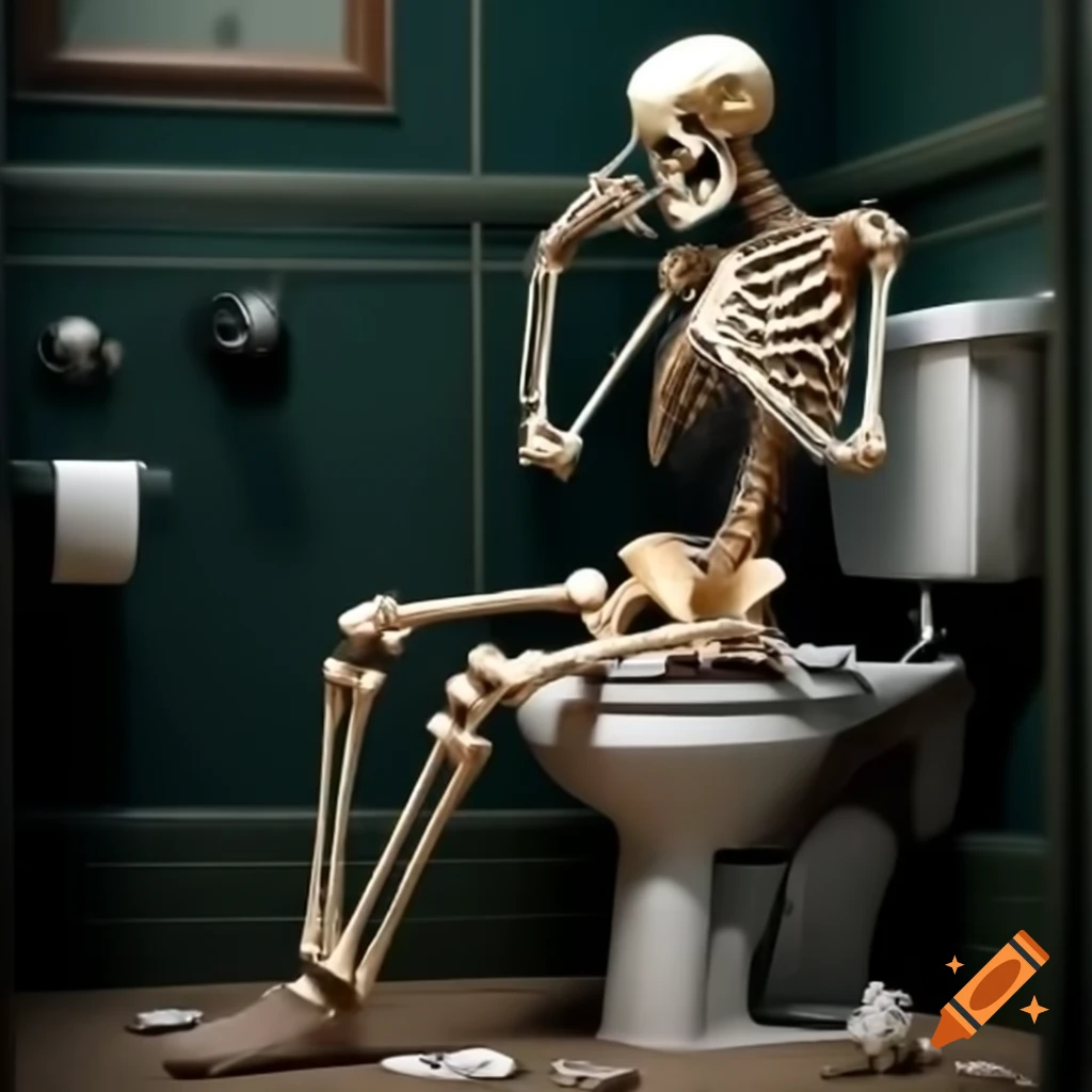 Punk skeleton in thoughtful pose on toilet seat on Craiyon