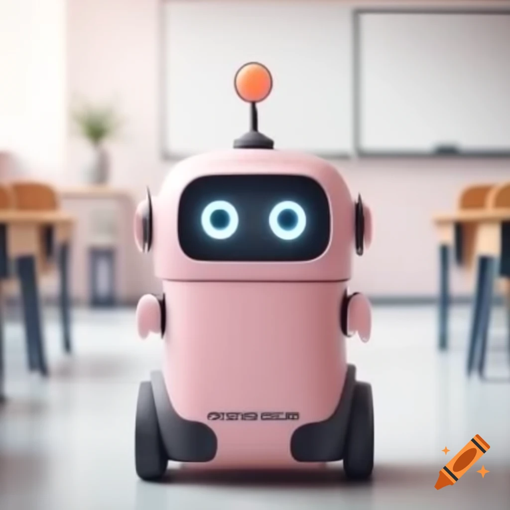 Small robot with screen face and wheels in modern classroom on Craiyon