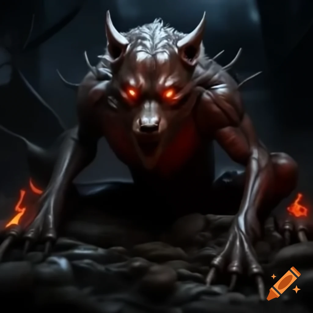 Cerberus with dark amber eyes and red scaly skin, lurking in dark ...