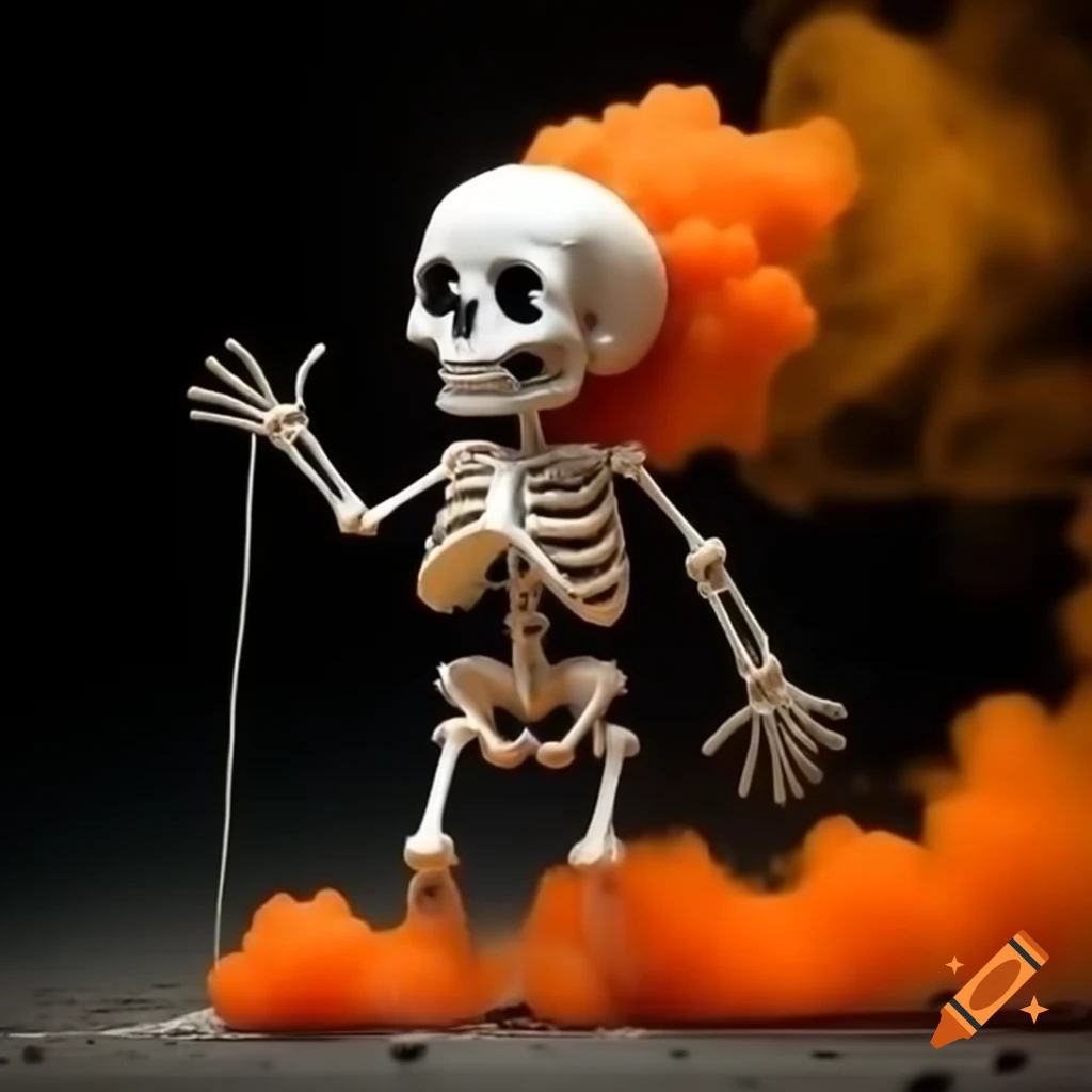 Cartoon skeleton with orange smoke from eyes, humorous design on Craiyon