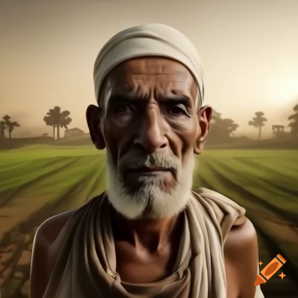 Egyptian farmer emerging from morning mist with dignified expression on ...