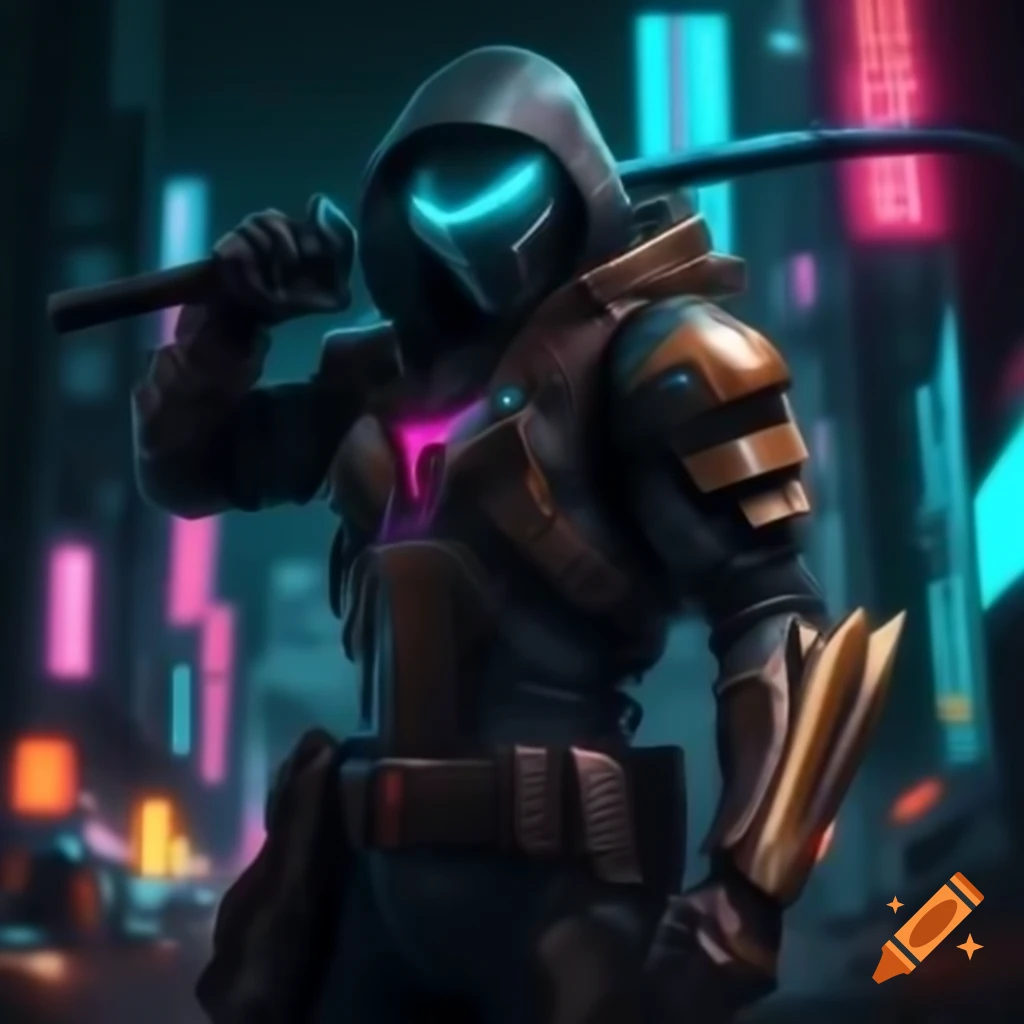 Cyber ninja in battle pose with glowing armor and katanas in futuristic ...