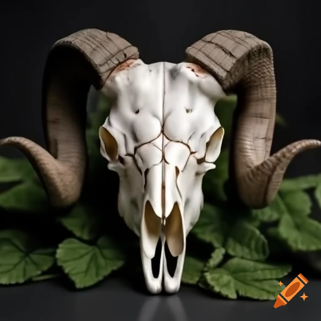 Realistic ram skull with green plants on white background on Craiyon