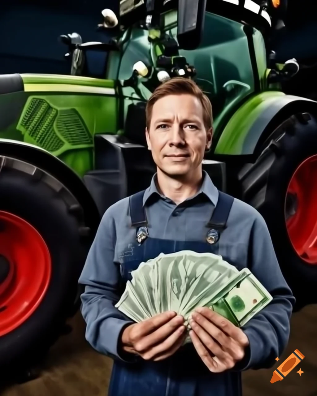 Fendt tractor at dealership with cash in front on Craiyon