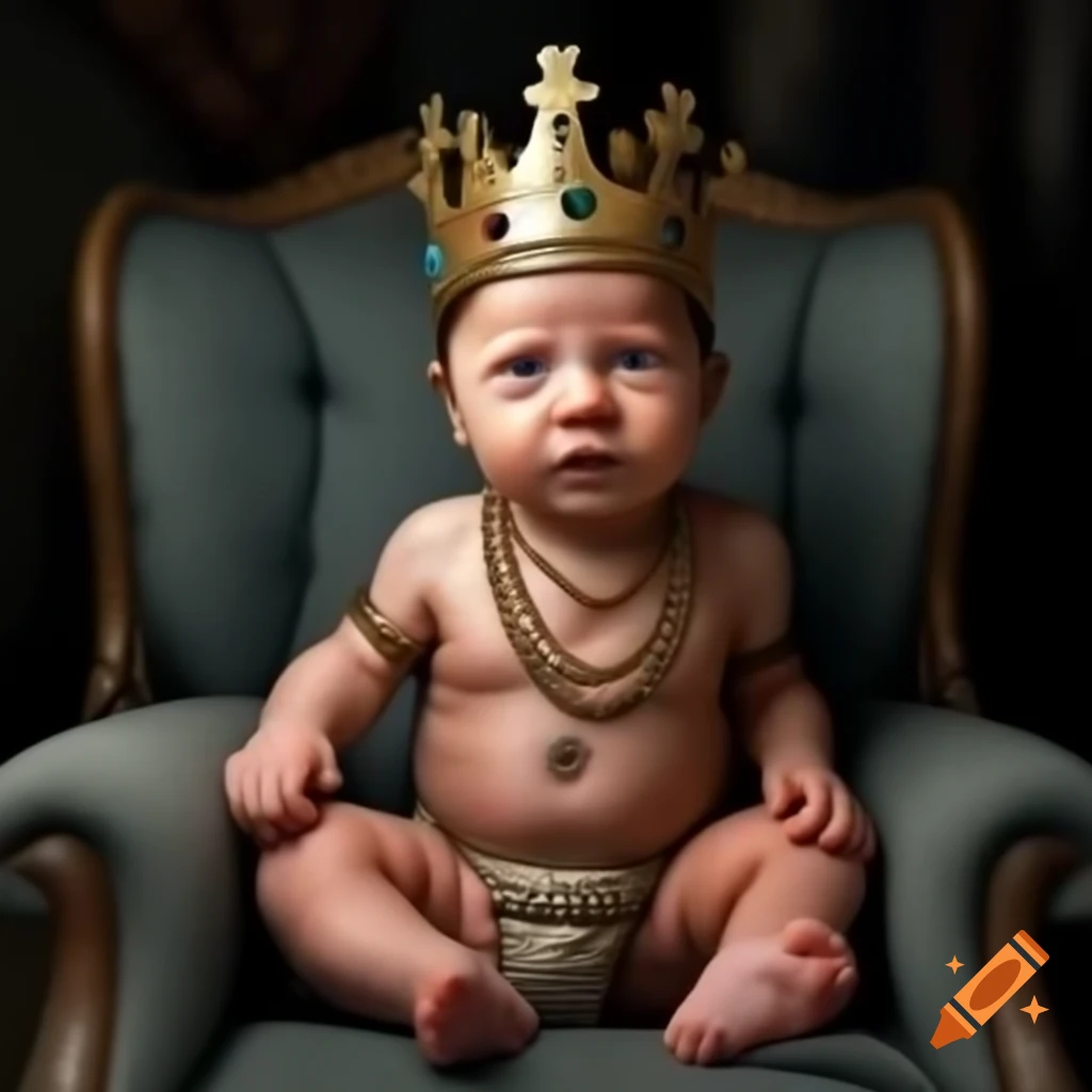 Baby dressed as a gangster sitting in a chair wearing crowns and gold ...