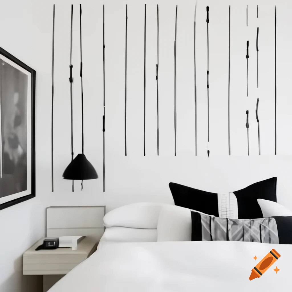 Modern guest room with artistic black line patterns on white walls on ...
