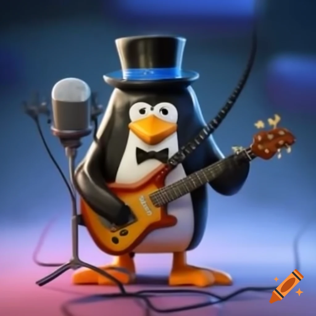 Linux Tux penguin as a rockstar with guitar and microphone on Craiyon