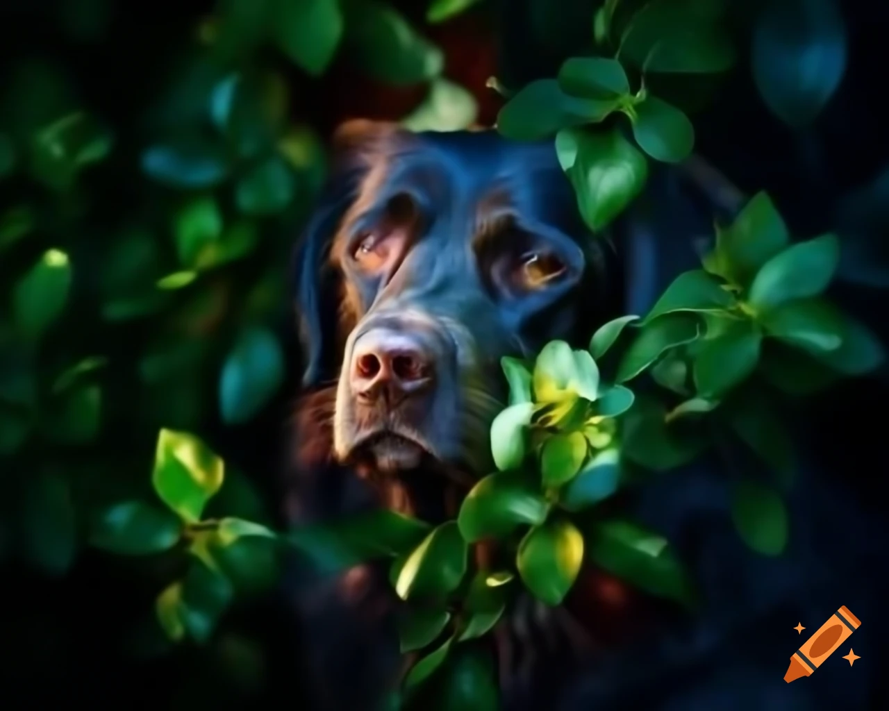 Labrador basking in moonlight among foliage with glowing crystals on ...