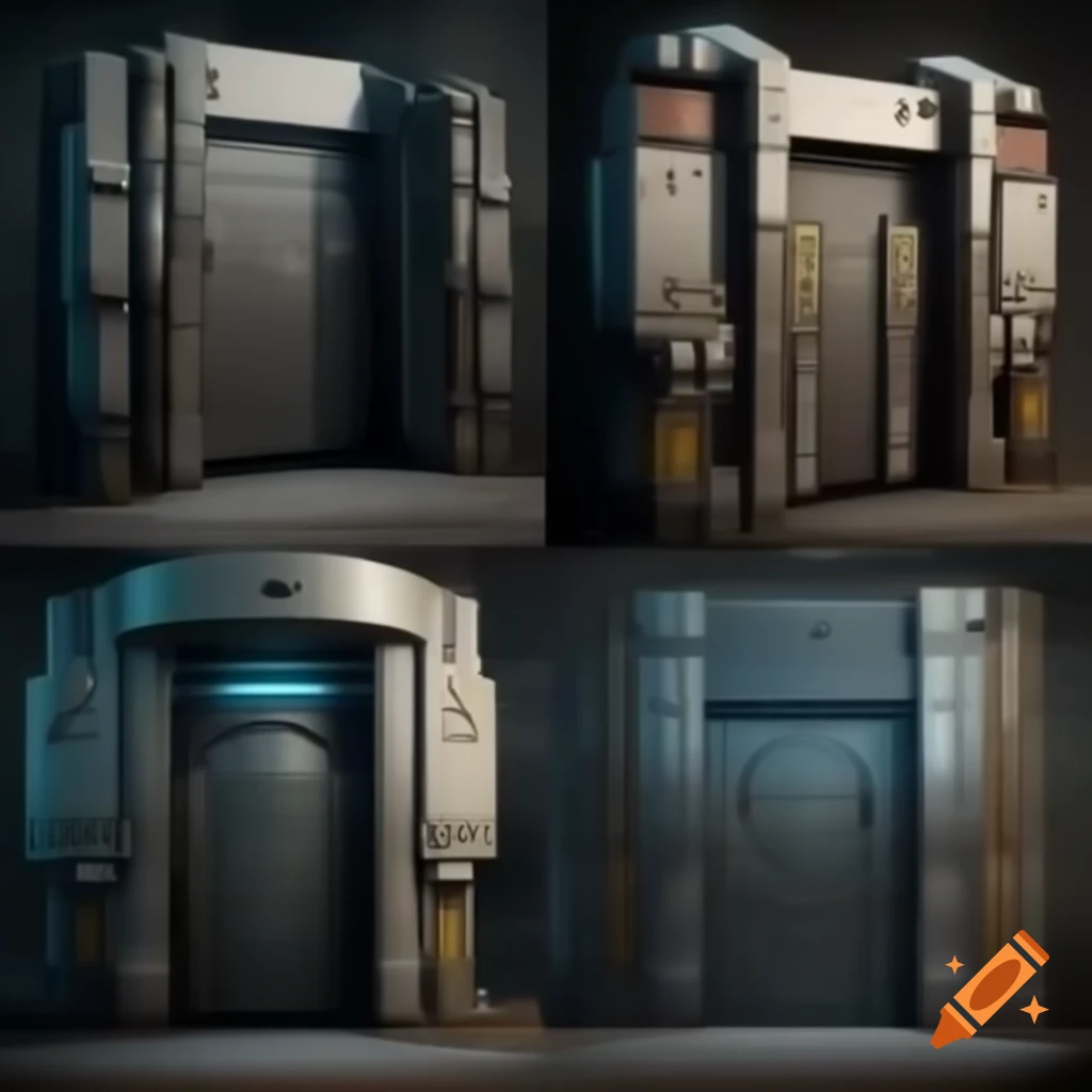 Realistic sci-fi hangar gate in dual-perspective layout on Craiyon
