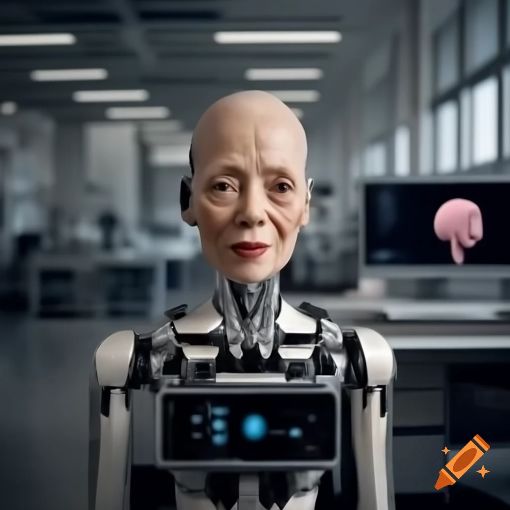 Close-up of humanoid cyborg professor with detailed facial features on ...