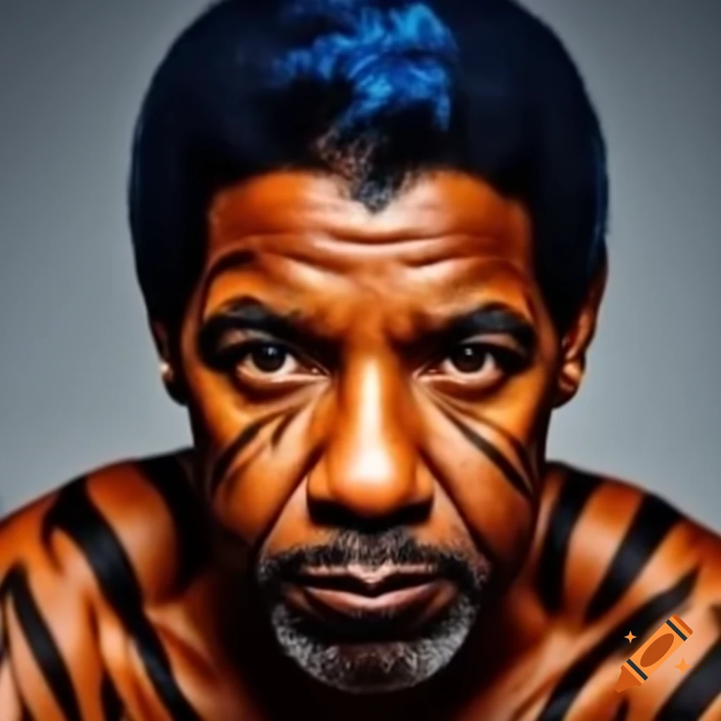 Muscular man with tiger-style makeup featuring blue hair and orange ...
