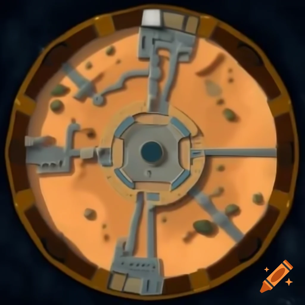 Overhead view of desert planet spaceport with security hub and vessel ...