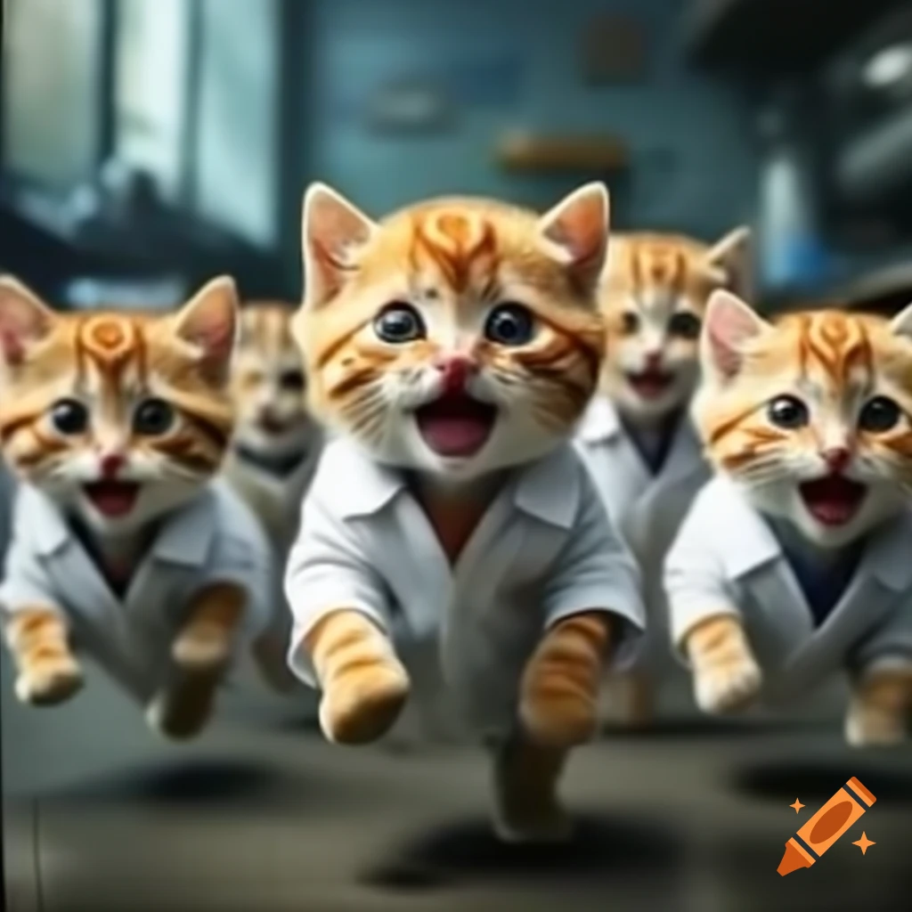 Happy kittens in lab coats playing in a laboratory on Craiyon