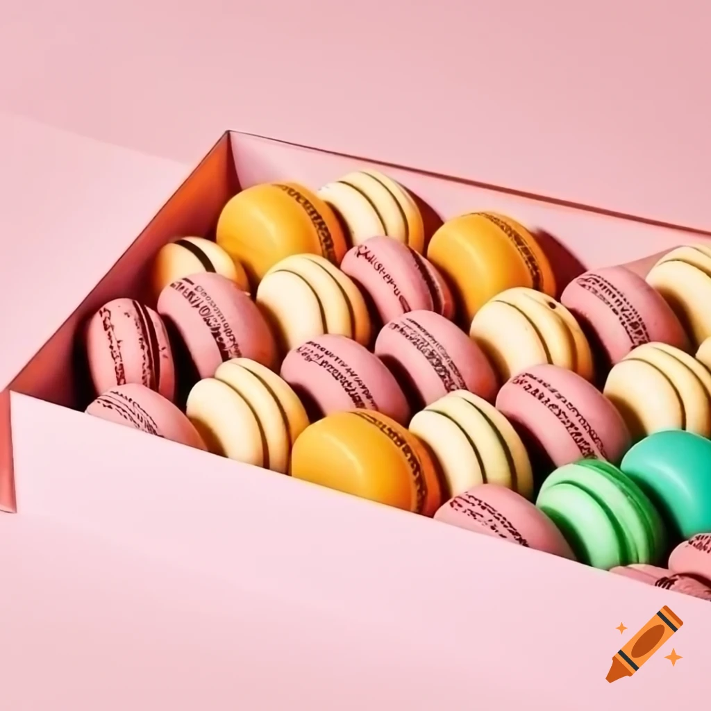 Colorful advertisement featuring macarons in a box on Craiyon