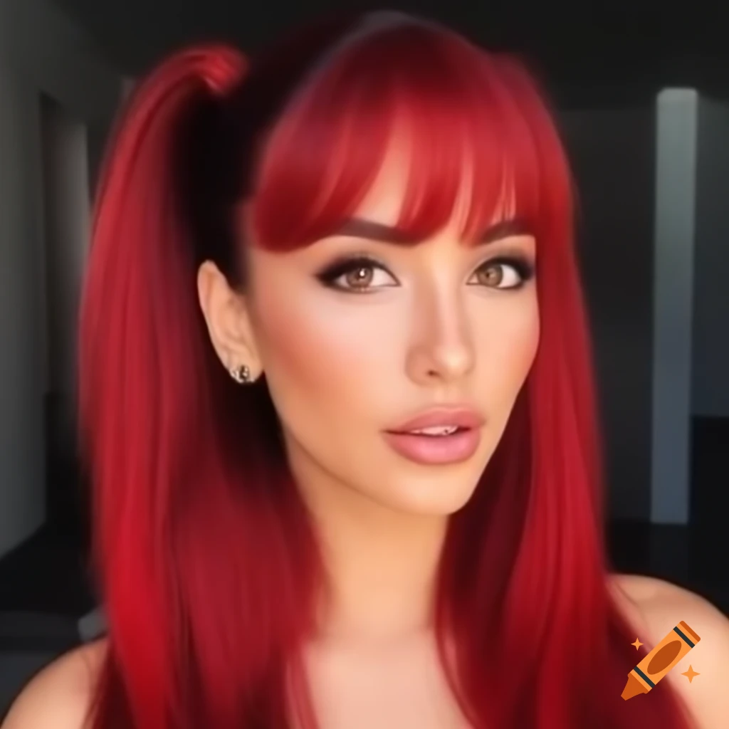 Portrait of a beautiful Latina influencer with red and black hair at ...