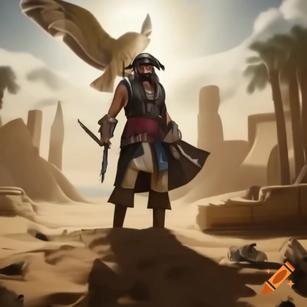 Pirate in Egyptian desert with sphinx, stranded ship, oasis, and rubies ...