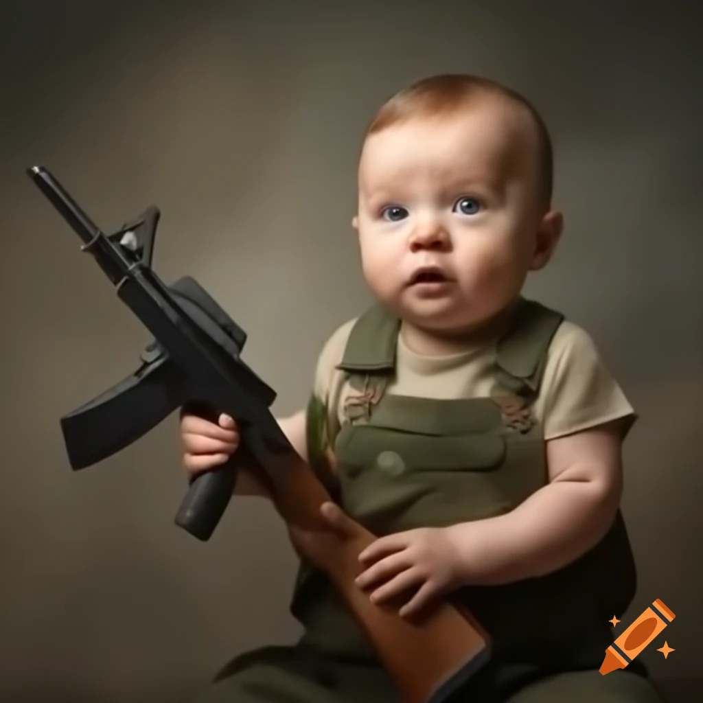 Baby playfully holding airsoft guns pointing to the sky on Craiyon