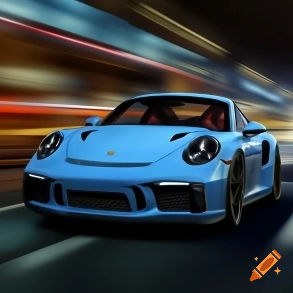 Cinematic ultra-realistic screenshot of light blue Porsche 911 weaving ...
