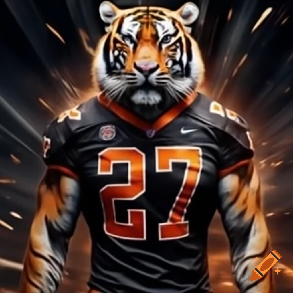Muscular tiger in football jersey with explosion background on Craiyon