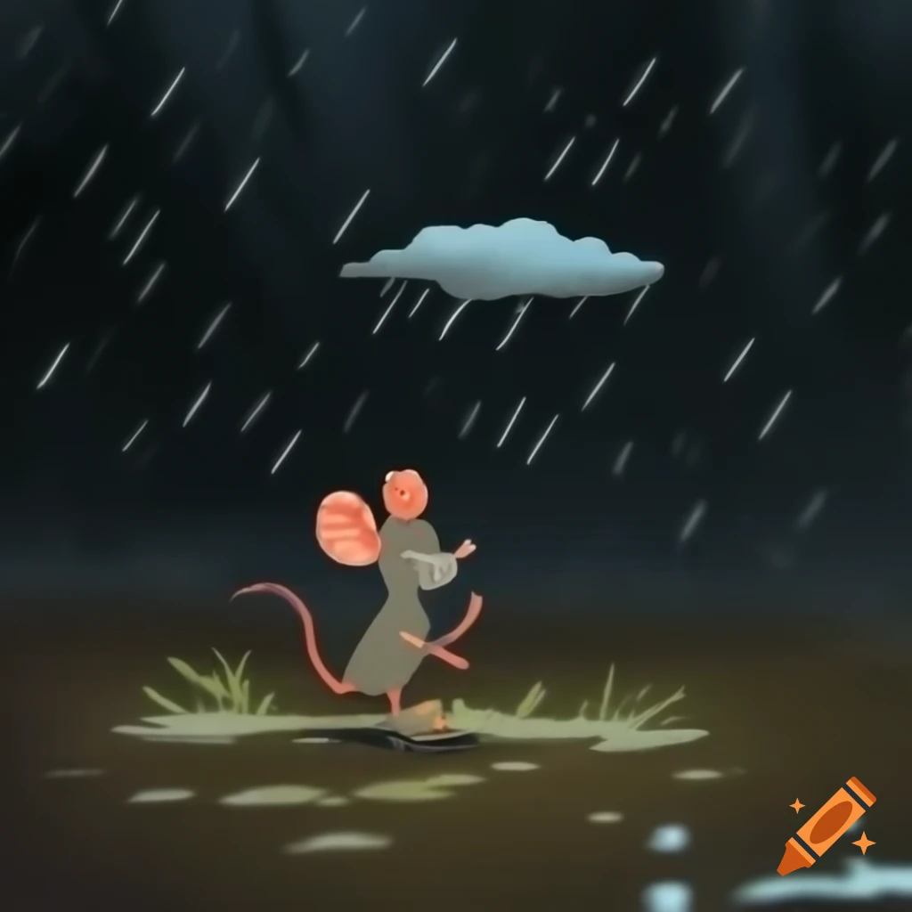 Scared mouse running in rainy jungle with dark clouds and big leaves on ...