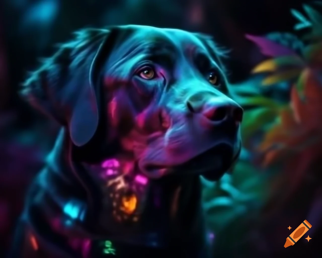 Labrador basking in moonlight surrounded by foliage, glowing crystals ...