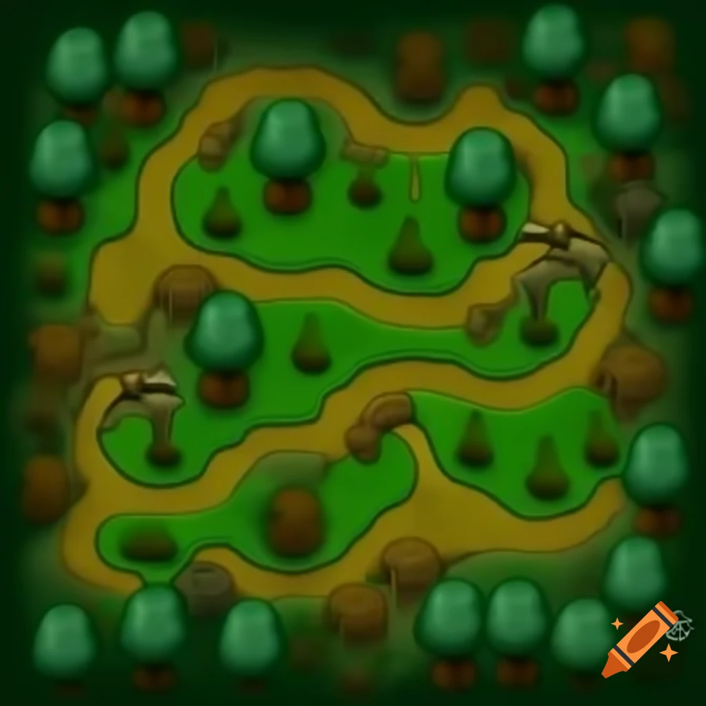 Top-down view of cartoon swamp maze with green trees and spooky fog on ...