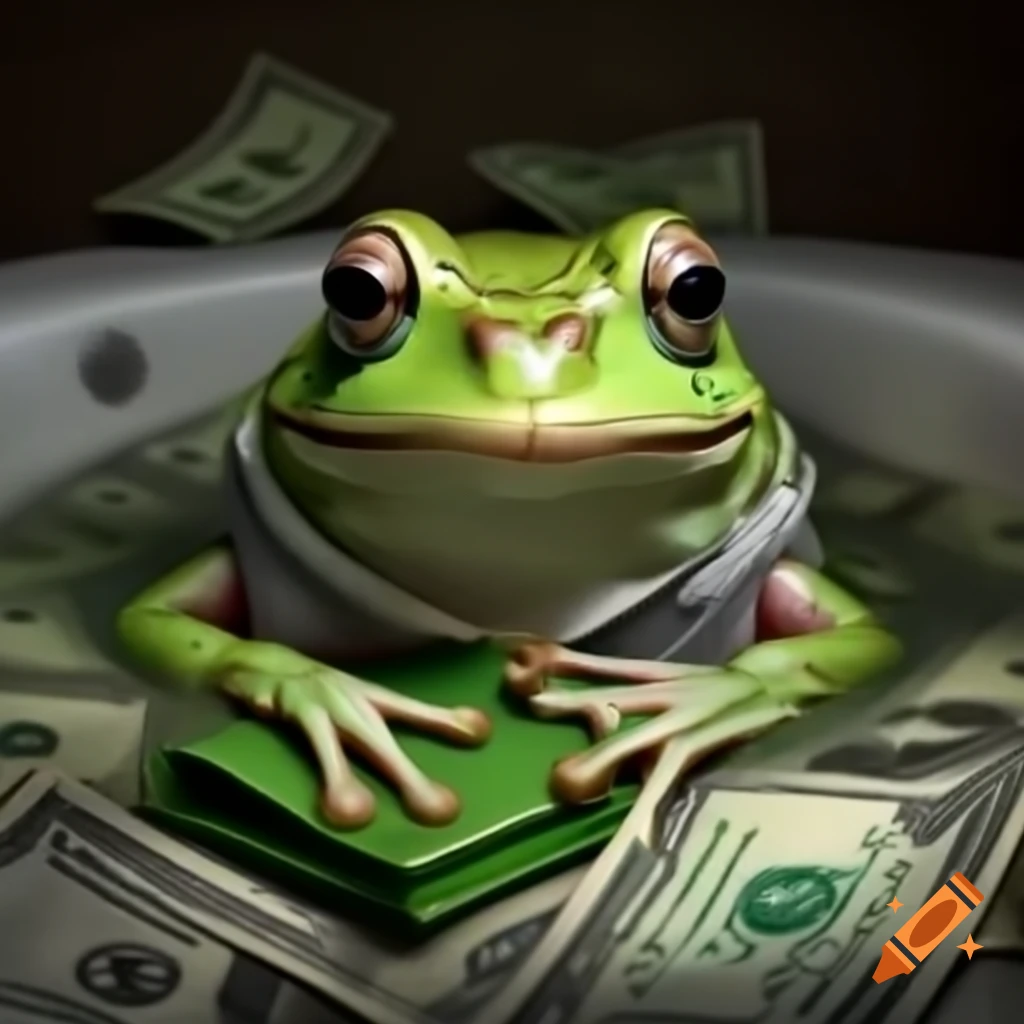Kermit the frog surrounded by dollar bills holding a green wallet on ...