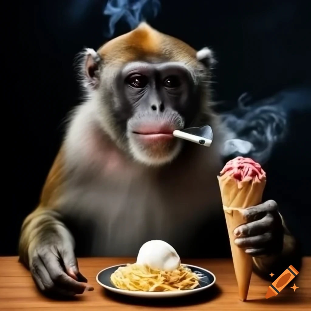 Henry Kissinger smoking with a monkey eating ice cream and spaghetti on Craiyon