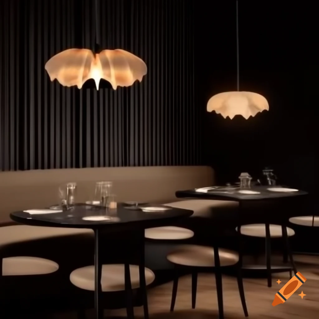 Chic restaurant with dim lighting, black marble walls, round black ...