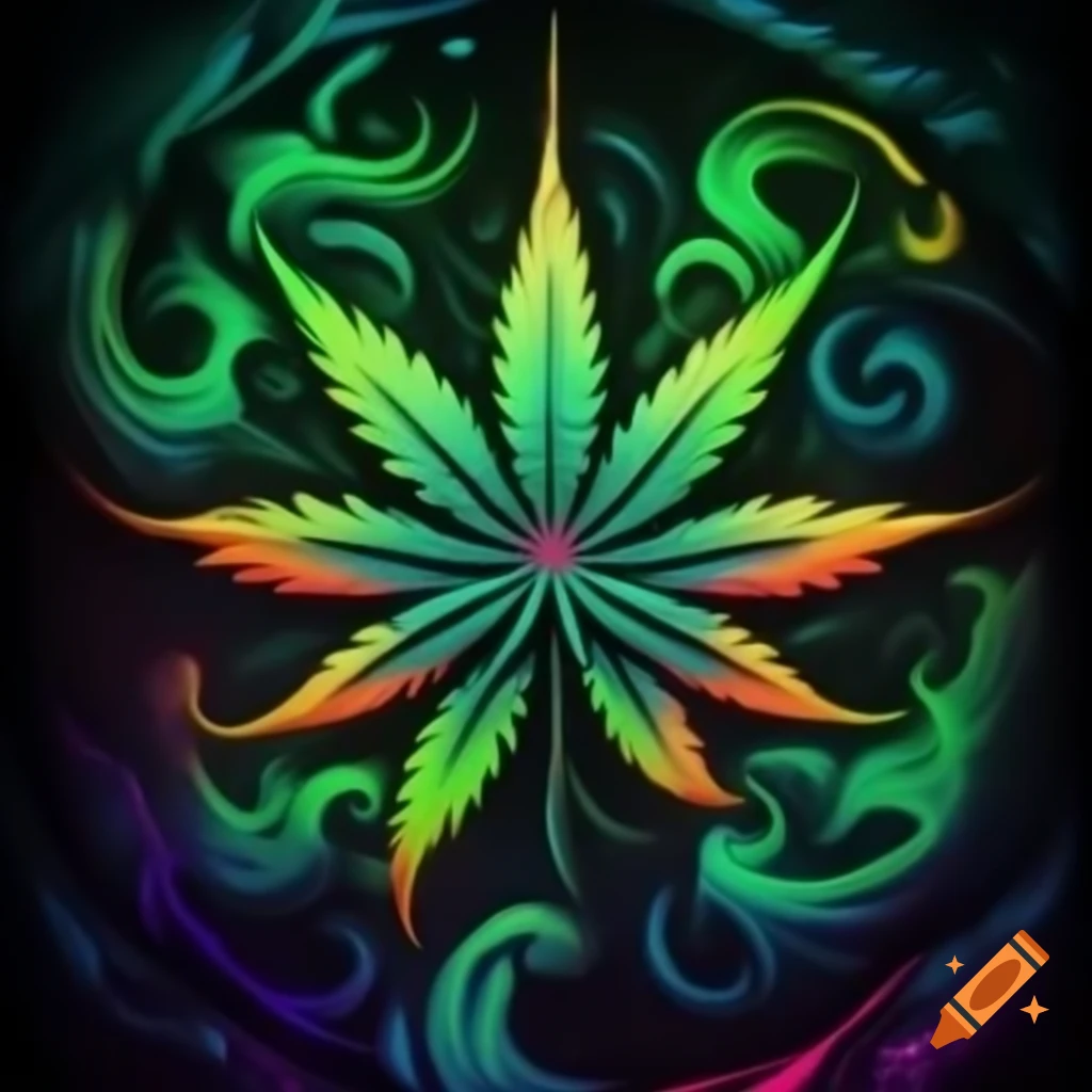 Vibrant psychedelic marijuana leaf with neon colors and swirling ...