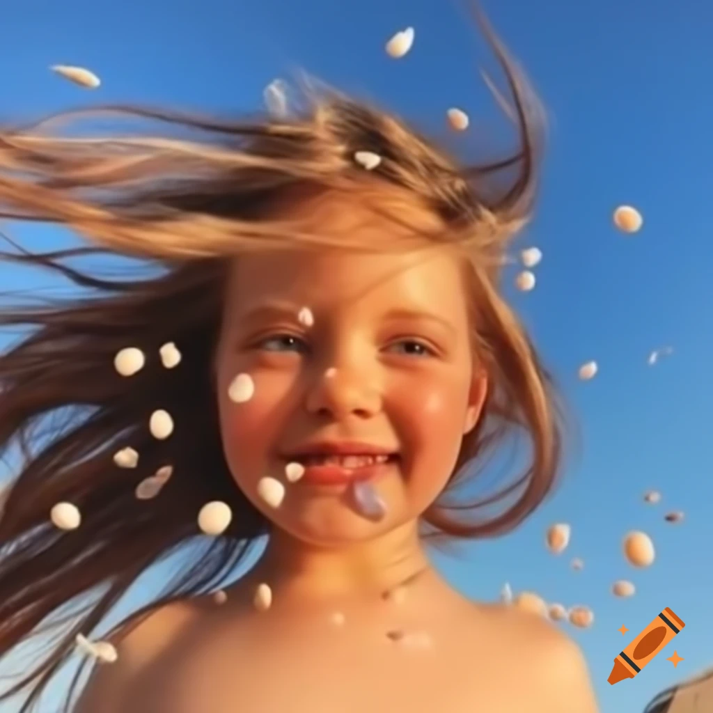 Girl with seashell eyes and windy smile, hair shimmering in sunlight on ...