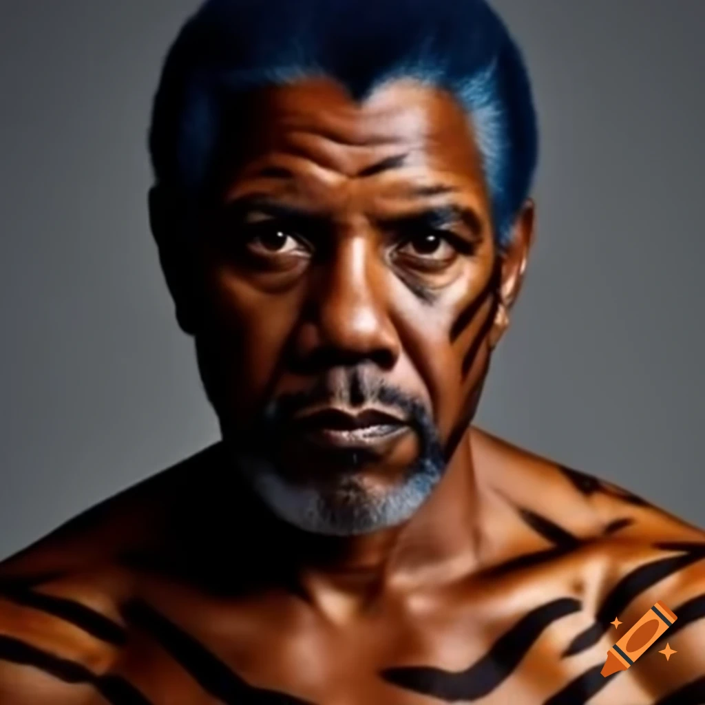 Muscular man with tiger-style makeup, blue hair and serious expression ...