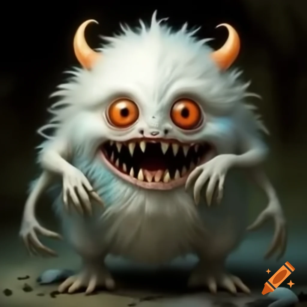 White and blue creature with orange eyes and large mouth, appearing ...