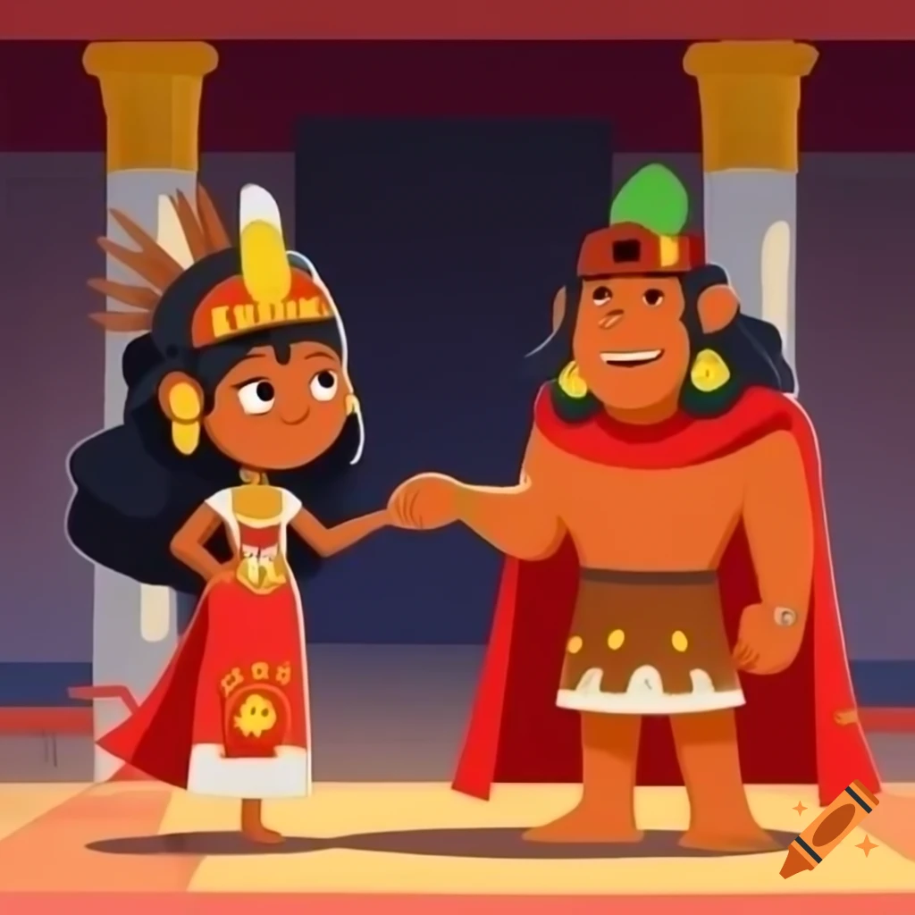 Colorful cartoon of Aztec princess and emperor in palace setting on Craiyon