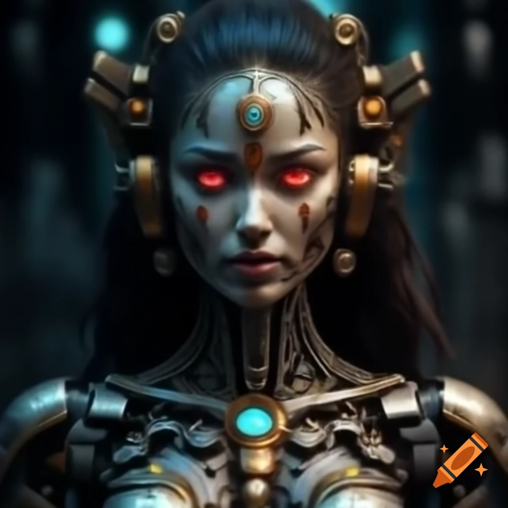 Indian goddess with robotic body and glowing eyes in sci-fi setting on ...