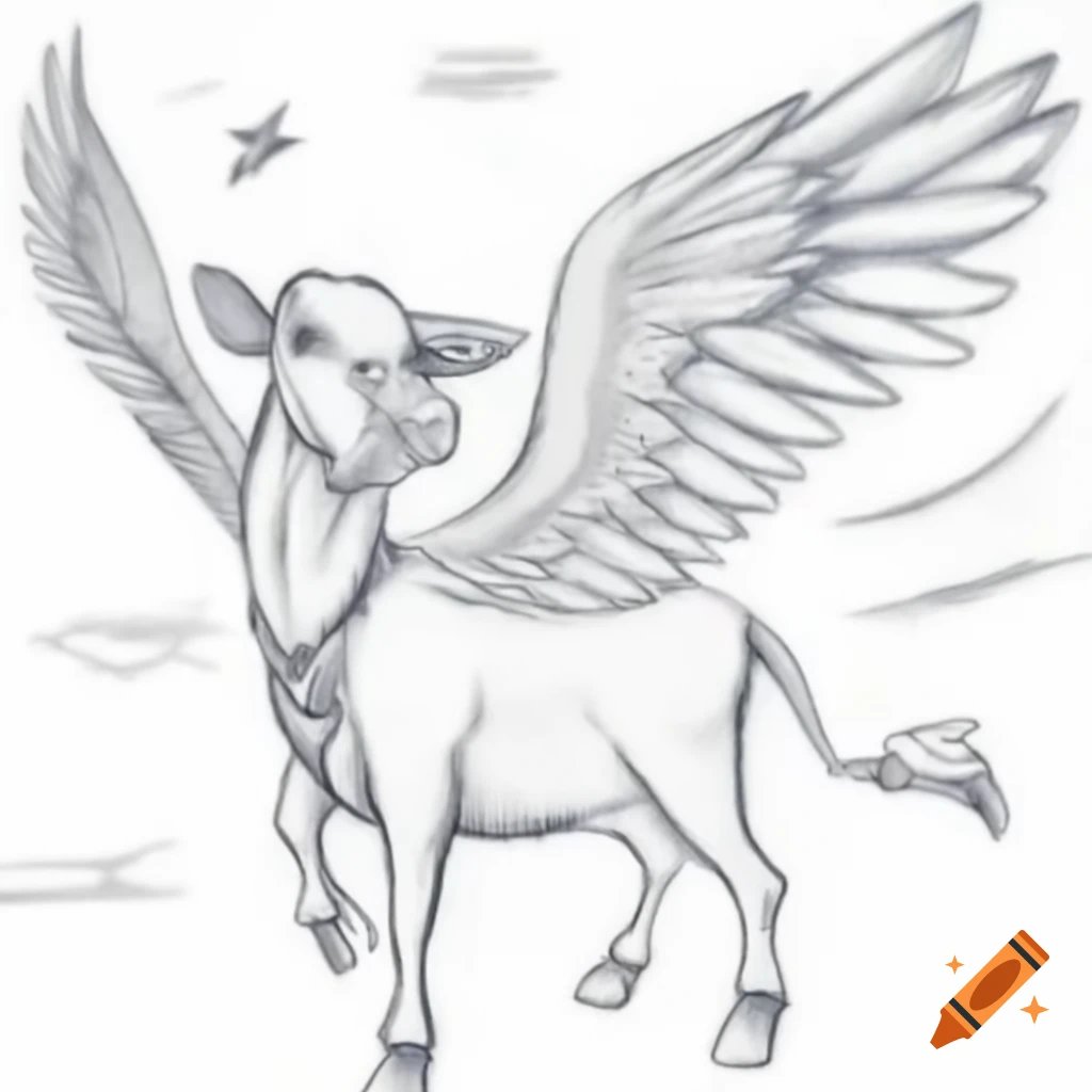 Sketch of a winged cow flying, whimsical artistic style on Craiyon