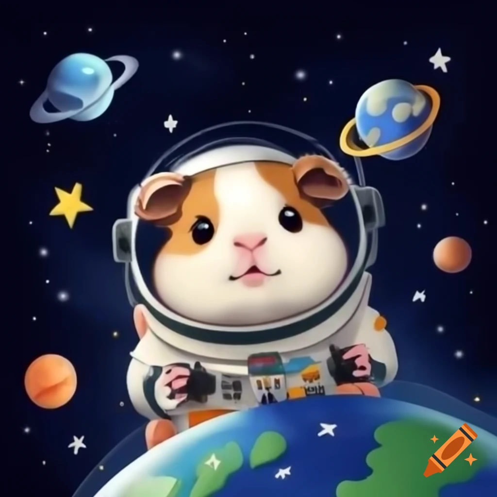 Guinea pig in astronaut suit floating in space with stars and planets ...