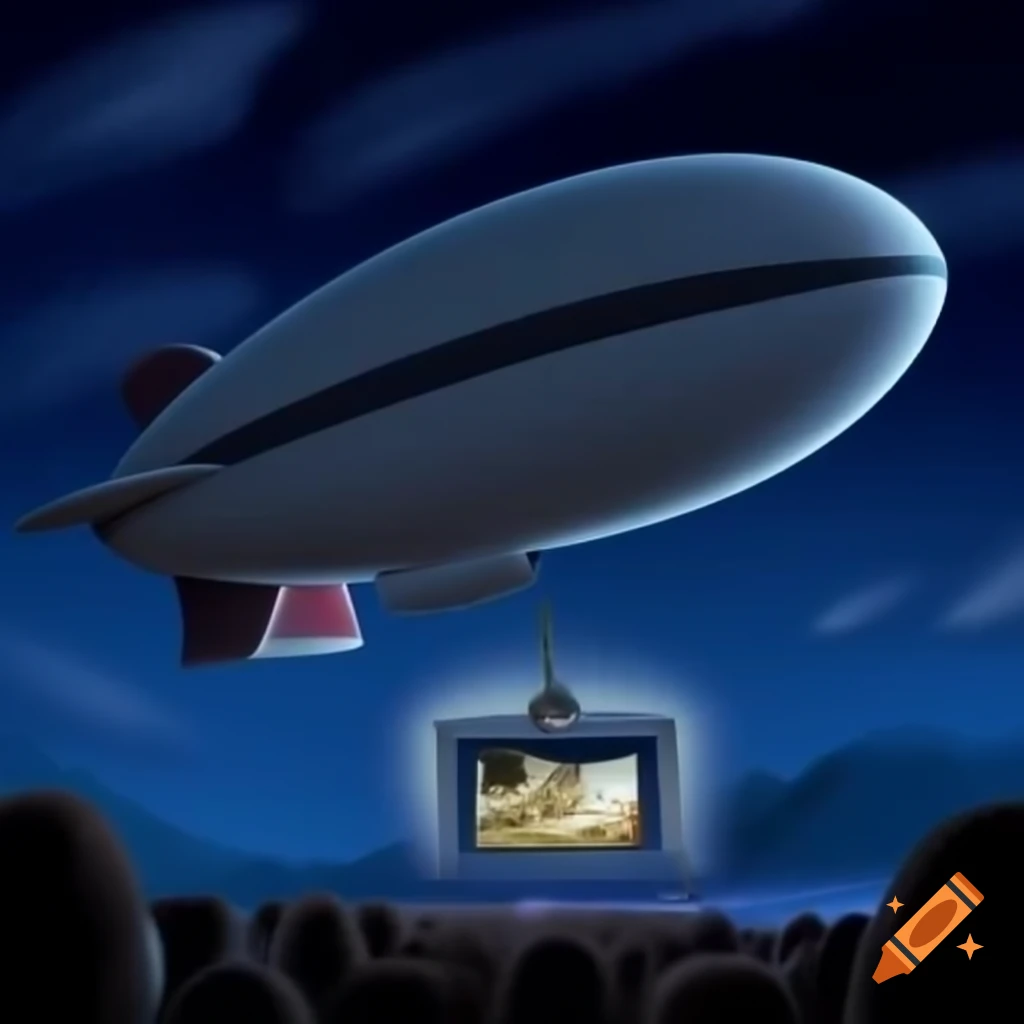 Blimp in night sky displaying theatre image on screen beneath on Craiyon