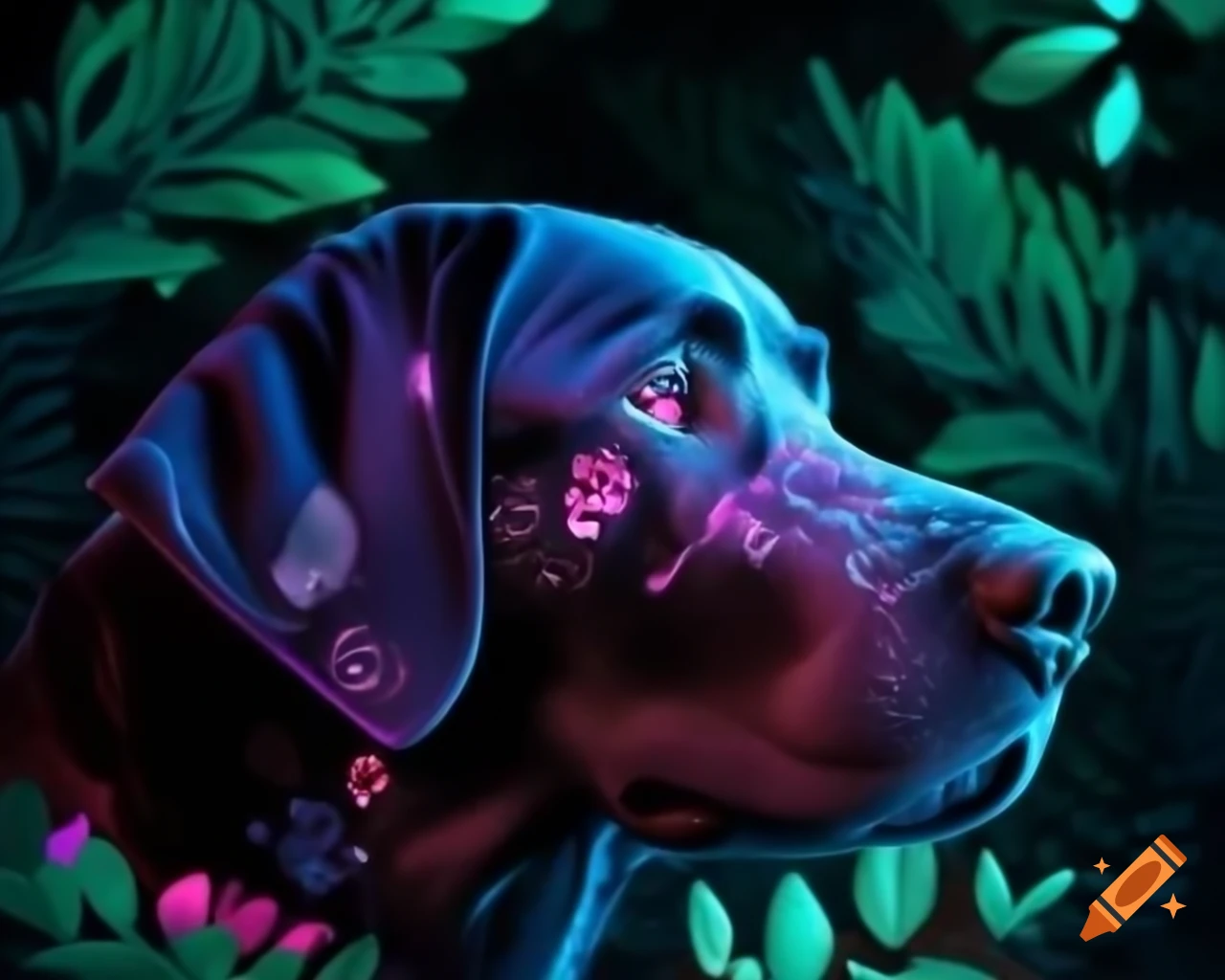 Labrador basking in moonlight surrounded by foliage, glowing crystals ...