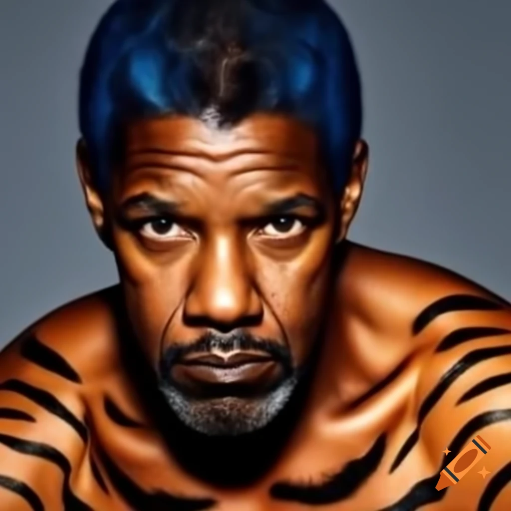 Muscular man with tiger-style makeup, featuring blue hair and orange ...