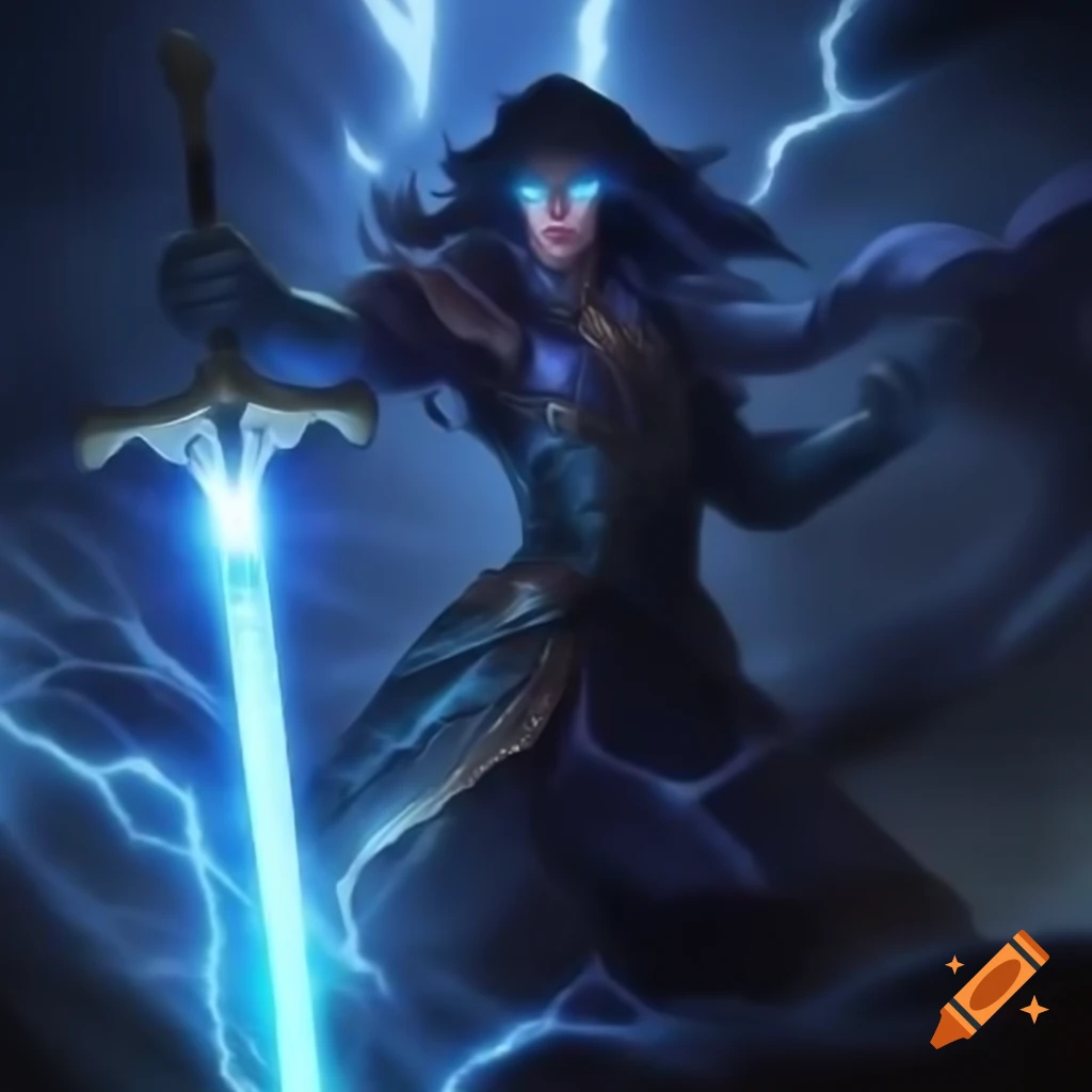 Skeleton with glowing blue eyes and sword against lightning storm on ...